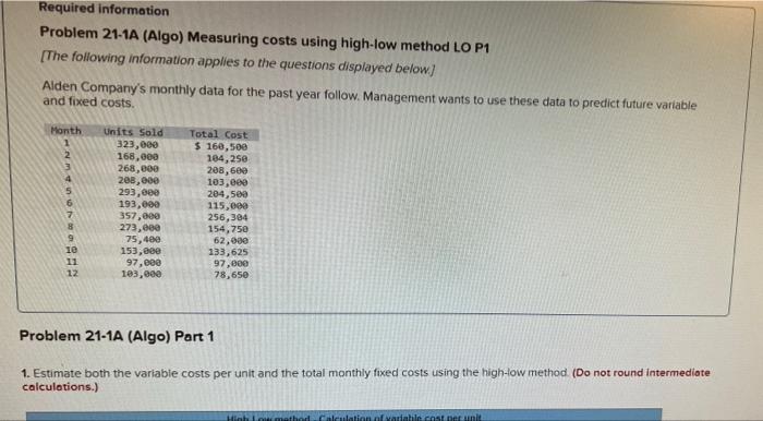 Solved Required information Problem 21-1A (Algo) Measuring | Chegg.com