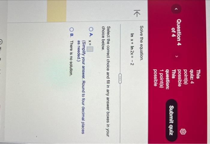 Solved Solve the equation. lnx+ln2x=−2 Select the correct | Chegg.com