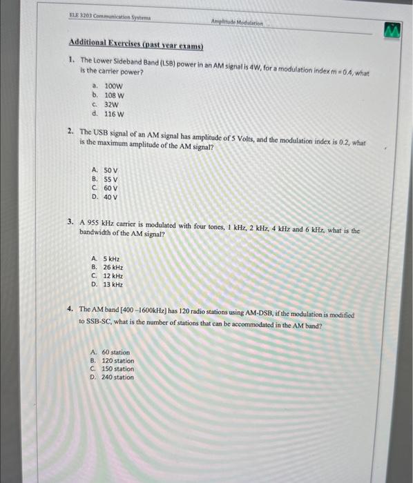 Solved 1. The Lower Sideband Band (LSB) power in an AM | Chegg.com
