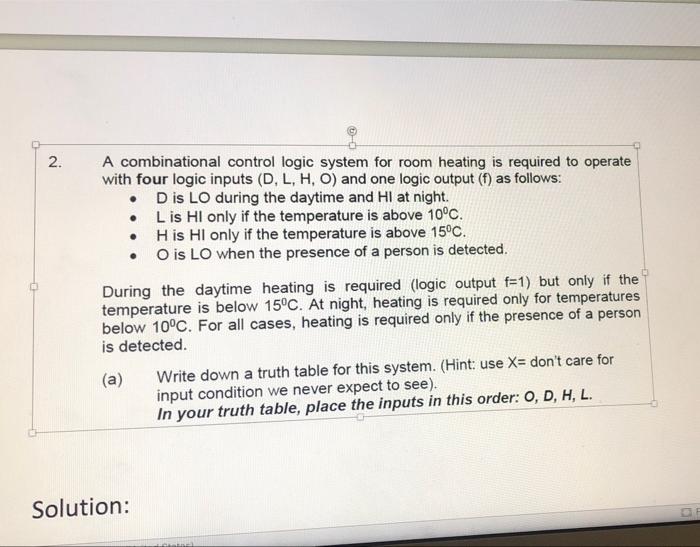 Solved 2. 2. . A combinational control logic system for room | Chegg.com