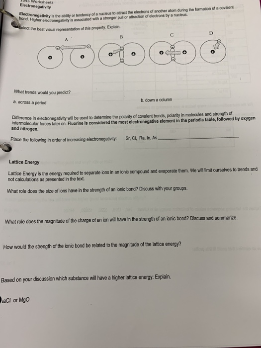 Solved 10S Worksheets Electronegativity Electronegativity is | Chegg.com