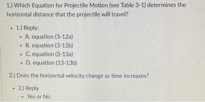 1.) Which Equation for Projectile Motion (see Table | Chegg.com