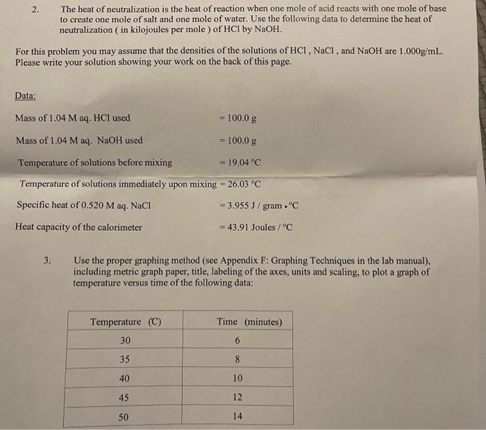 Solved 2. The heat of neutralization is the heat of reaction | Chegg.com