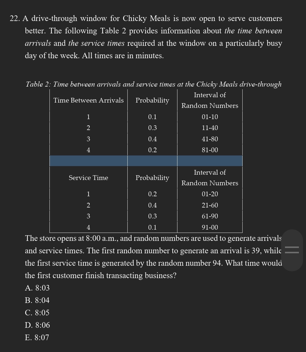 Solved A drive-through window for Chicky Meals is now open | Chegg.com