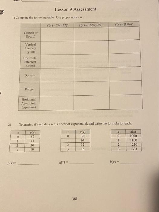Solved Lesson 9 Assessment 1) Complete the following table. | Chegg.com