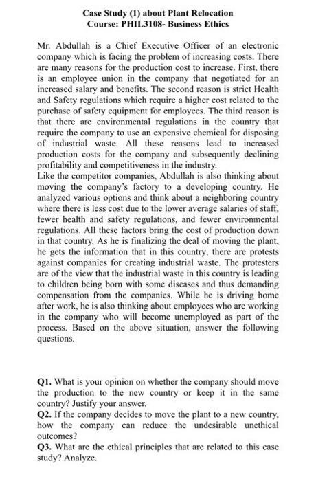 Solved Case Study (1) about Plant Relocation Course: PHIL | Chegg.com