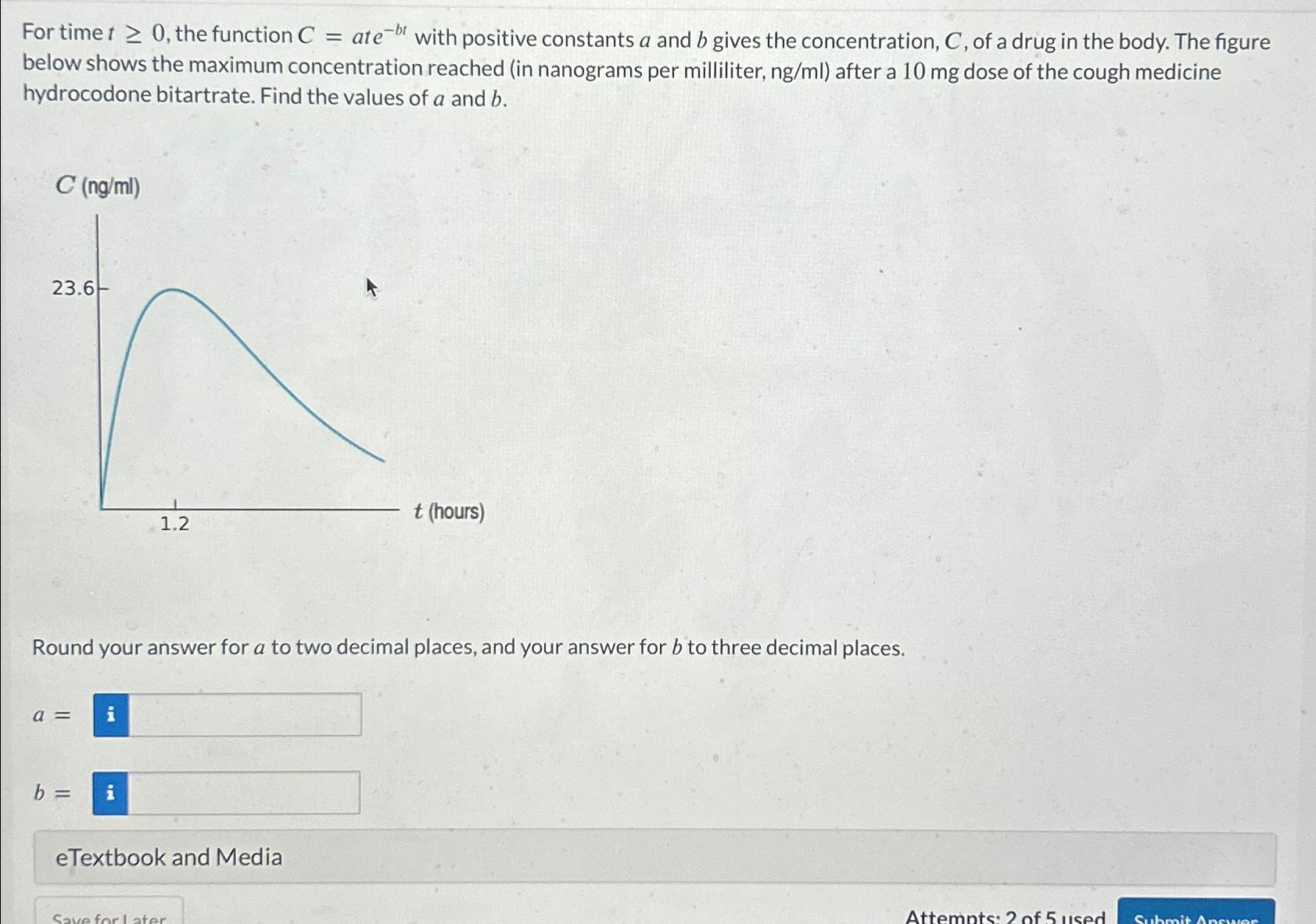 Solved For time t≥0, ﻿the function C=ate-bt ﻿with positive | Chegg.com