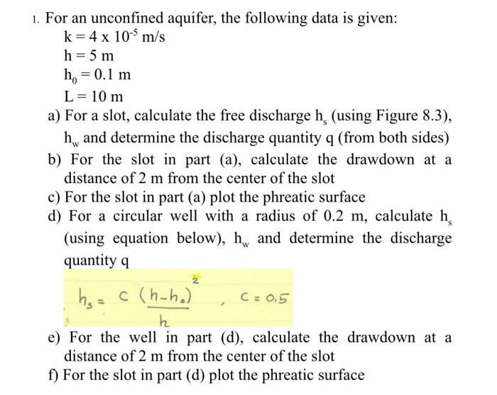 Solved 1. For an unconfined aquifer, the following data is | Chegg.com