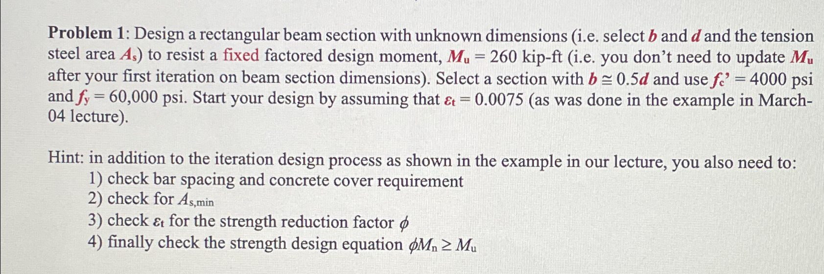 Solved Problem 1: Design a rectangular beam section with | Chegg.com