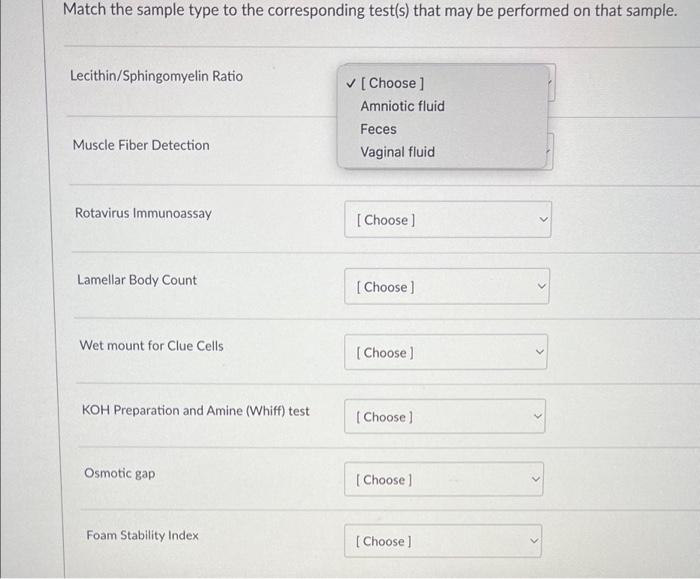 Solved Match the sample type to the corresponding test(s) | Chegg.com