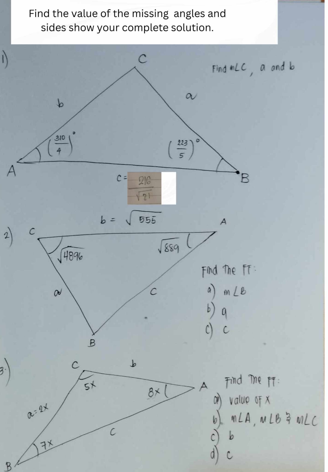 Solved Find the value of the missing angles and sides show | Chegg.com