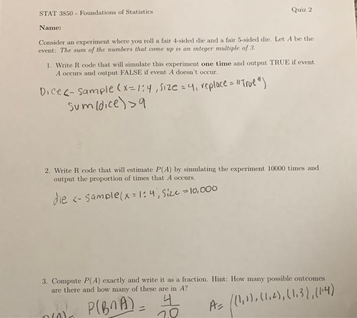 Solved STAT 3850 - Foundations of Statistics Quiz 2 Name: | Chegg.com