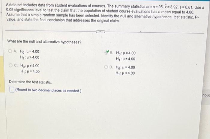 Solved A data set includes data from student evaluations of | Chegg.com