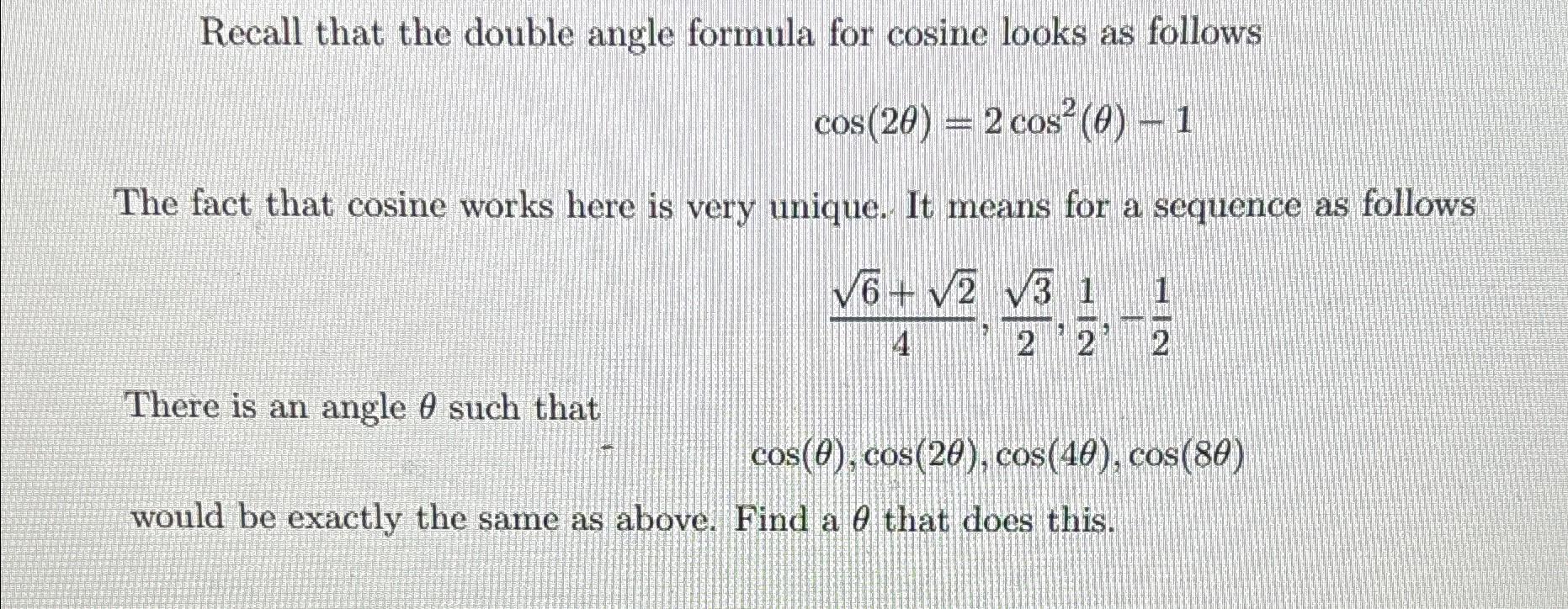 Solved Recall that the double angle formula for cosine looks | Chegg.com
