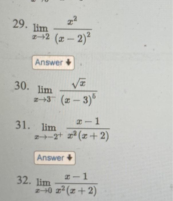 Solved limx→2(x−2)2x2 limx→3−(x−3)5xlimx→−2+x2(x+2)x−1 | Chegg.com
