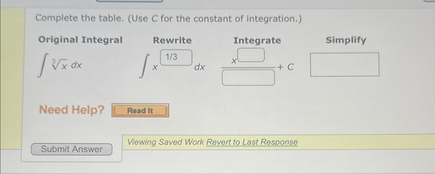 Solved Complete the table. (Use C ﻿for the constant of | Chegg.com