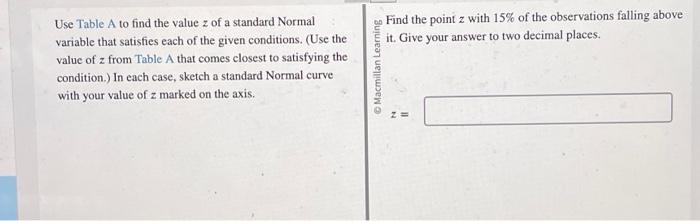 Solved Use Table A to find the value z of a standard Normal | Chegg.com