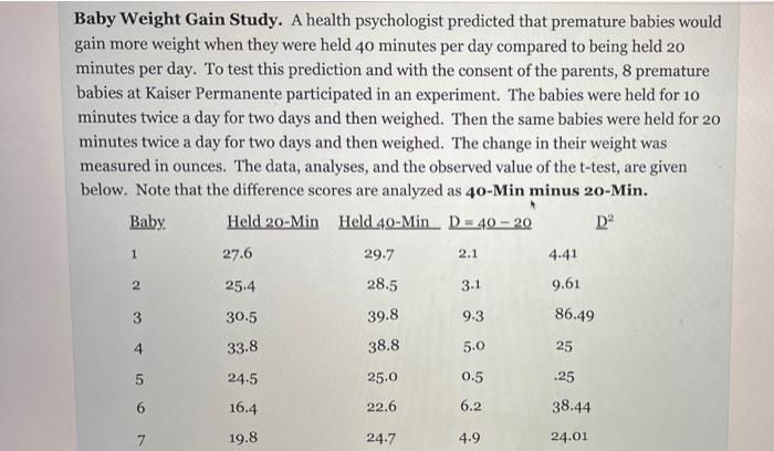 Solved Baby Weight Gain Study. A health psychologist | Chegg.com