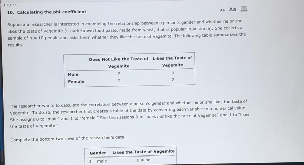 Solved more 10. Calculating the phi-coefficient A Aa Suppose | Chegg.com