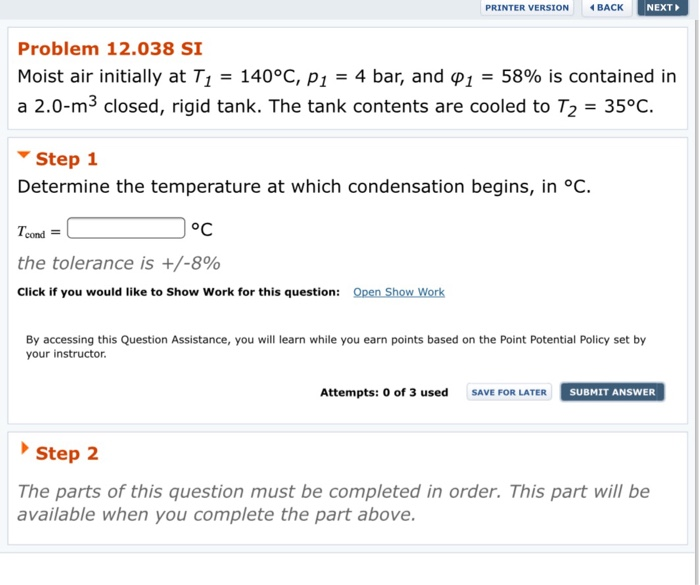 Solved TER VERSION BACK NEXT Problem 12.038 SI Moist air | Chegg.com