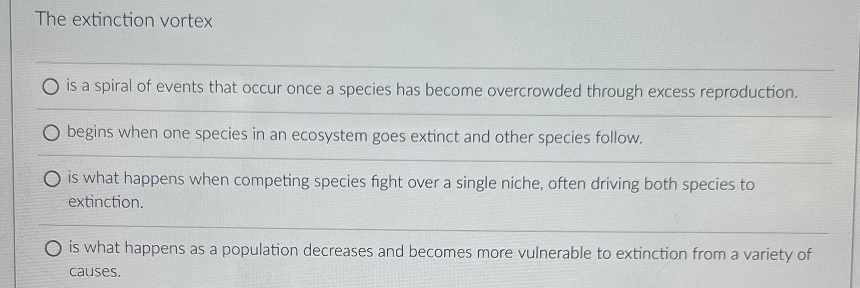 Solved The extinction vortexis a spiral of events that occur | Chegg.com
