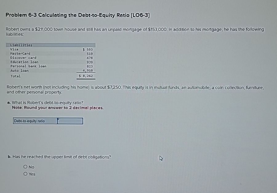 Solved Problem 6-3 Calculating the Debt-to-Equity Ratio | Chegg.com Solved Problem 6-3 Calculating the Debt-to-Equity Ratio | Chegg.com