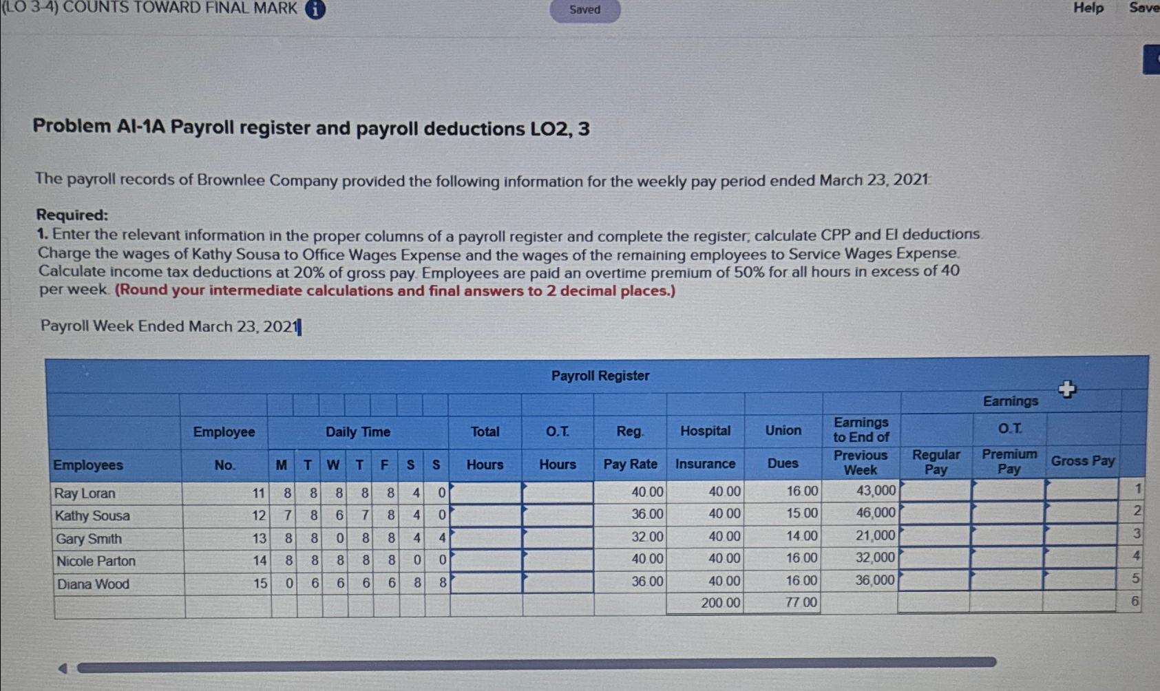 Solved Problem AI-1A Payroll register and payroll deductions | Chegg.com