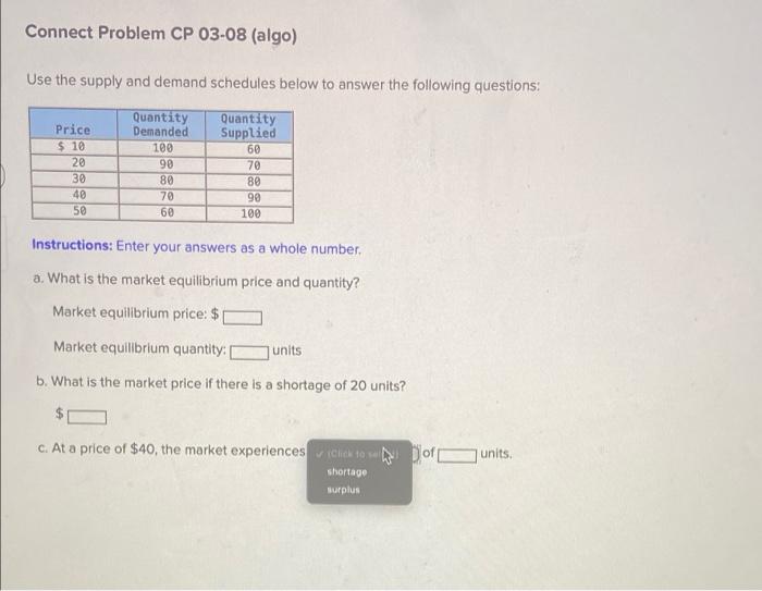 Solved Connect Problem CP 03-08 (algo) Use the supply and | Chegg.com