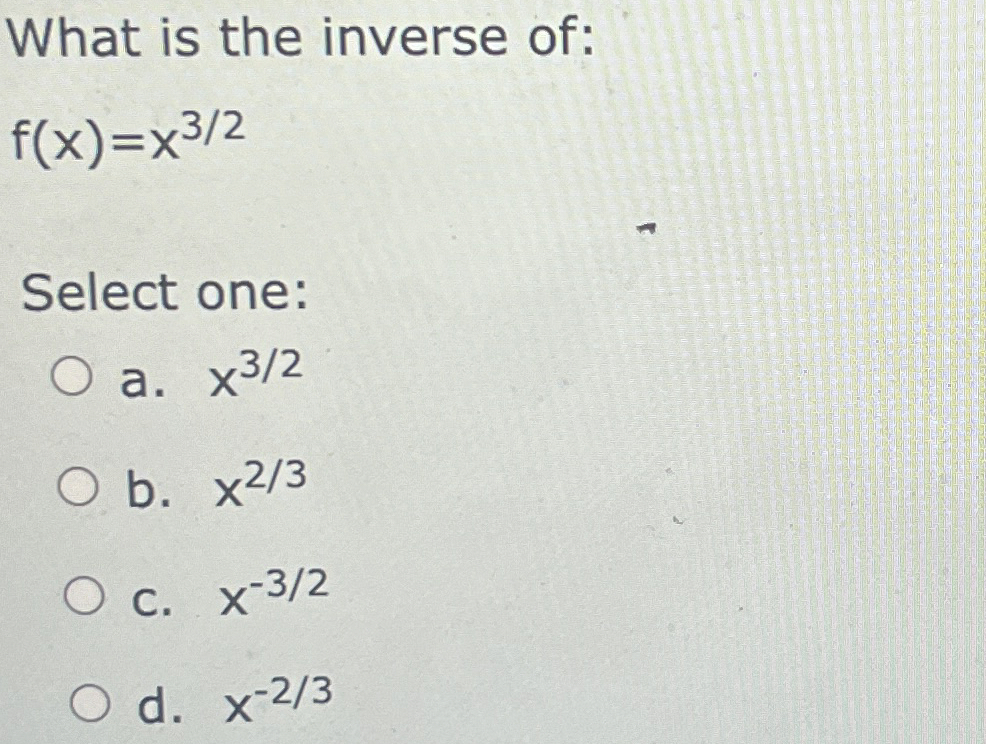 Solved What ks the inverse of f(x)=x3/2What is the inverse | Chegg.com