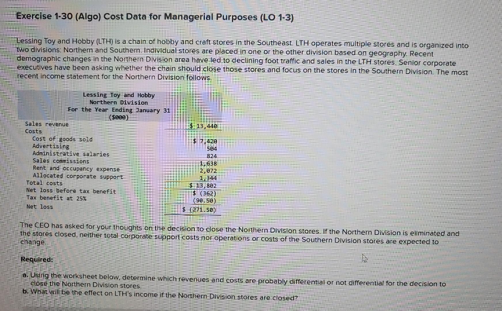 Solved Exercise 1-30 (Algo) Cost Data for Managerial | Chegg.com