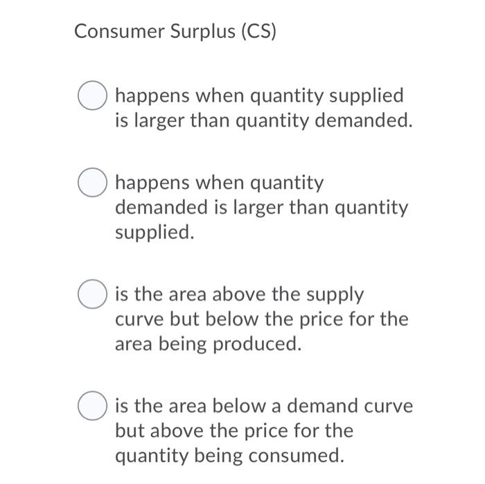 Solved Consumer Surplus (CS) happens when quantity supplied | Chegg.com