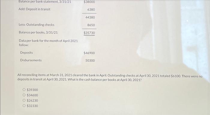 Solved Balance per bank statement, 3/31/21 Add: Deposit in | Chegg.com