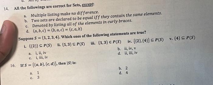 Solved All the followings are correct for Sets, except: a. | Chegg.com