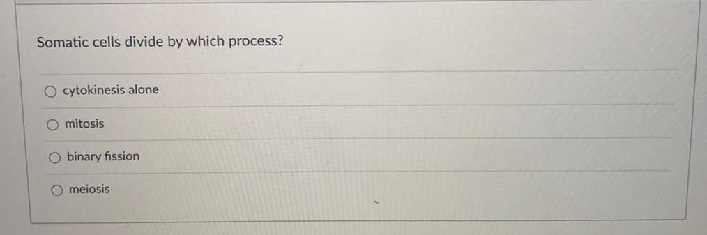 Solved Somatic cells divide by which process? O cytokinesis | Chegg.com