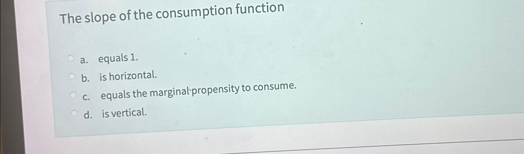 Solved The slope of the consumption functiona. ﻿equals 1 .b. | Chegg.com