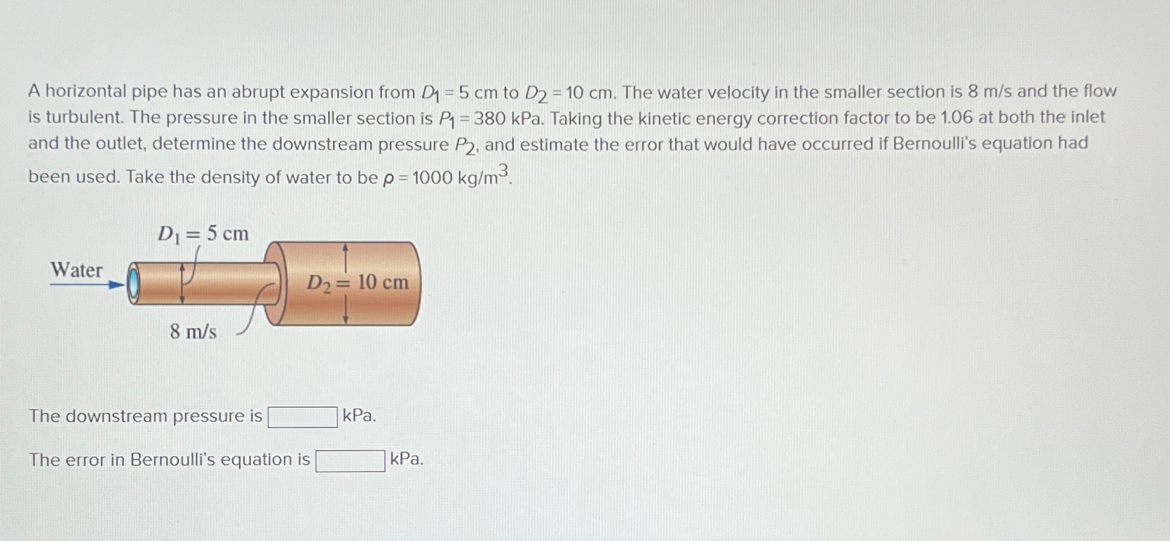 A horizontal pipe has an abrupt expansion from D1=5cm | Chegg.com