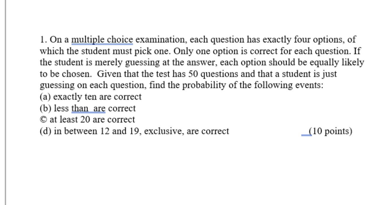 Solved On a multiple choice examination, each question has | Chegg.com