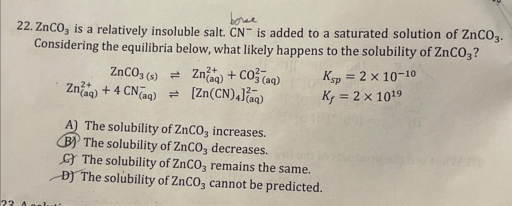 Solved ZnCO3 ﻿is a relatively insoluble salt. CN-is added to | Chegg.com