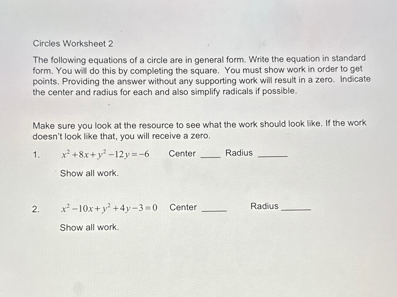Solved Circles Worksheet 2The following equations of a | Chegg.com