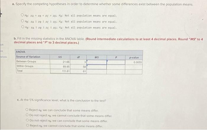 Solved 1 Source Of Variation Ss Df Ms F P Value Between 2944