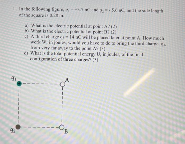 Solved 1. In the following figure, q1=+3.7nC and q2=−5.6nC, | Chegg.com