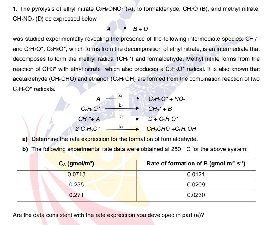 Solved 1. The pyrolysis of ethyl nitrate C2H5ONO2 (A), to | Chegg.com