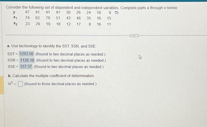 Solved a. Use technology to identify the SST, SSR, and SSE | Chegg.com
