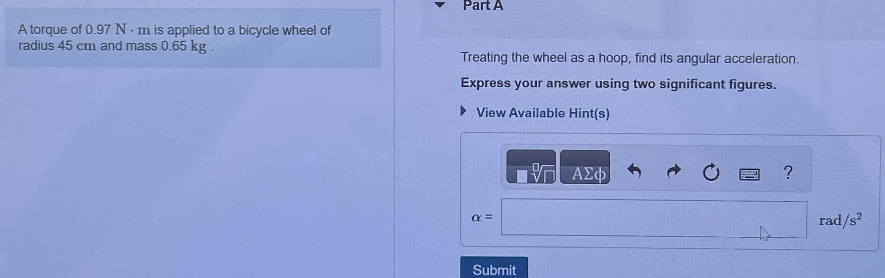 Solved A torque of 0.97N*m ﻿is applied to a bicycle wheel of | Chegg.com
