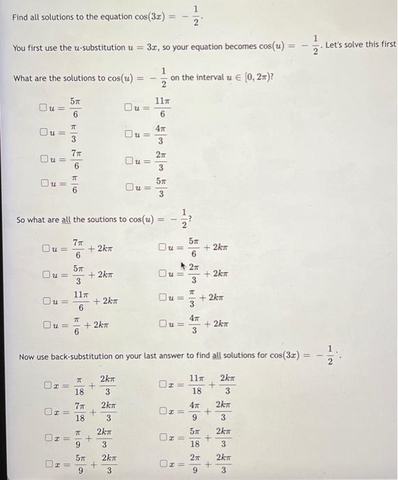 Solved Find all solutions to the equation cos(3x)=−21. You | Chegg.com