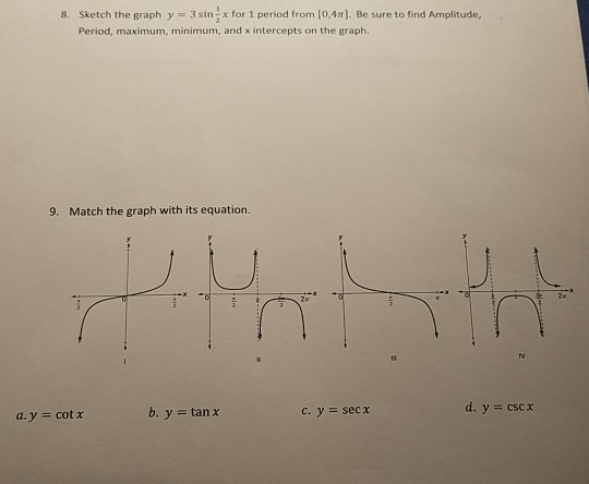 Solved 8. Sketch the graph y 3 sinx for 1 period from (0,4). | Chegg.com