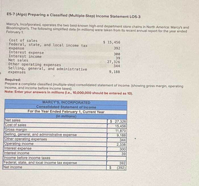 Solved E5-7 (Algo) Preparing a Classified (Multiple-Step) | Chegg.com