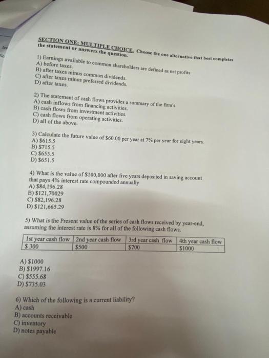 Solved SECTION ONE: MULTIPL C CHOICE Chase the one | Chegg.com