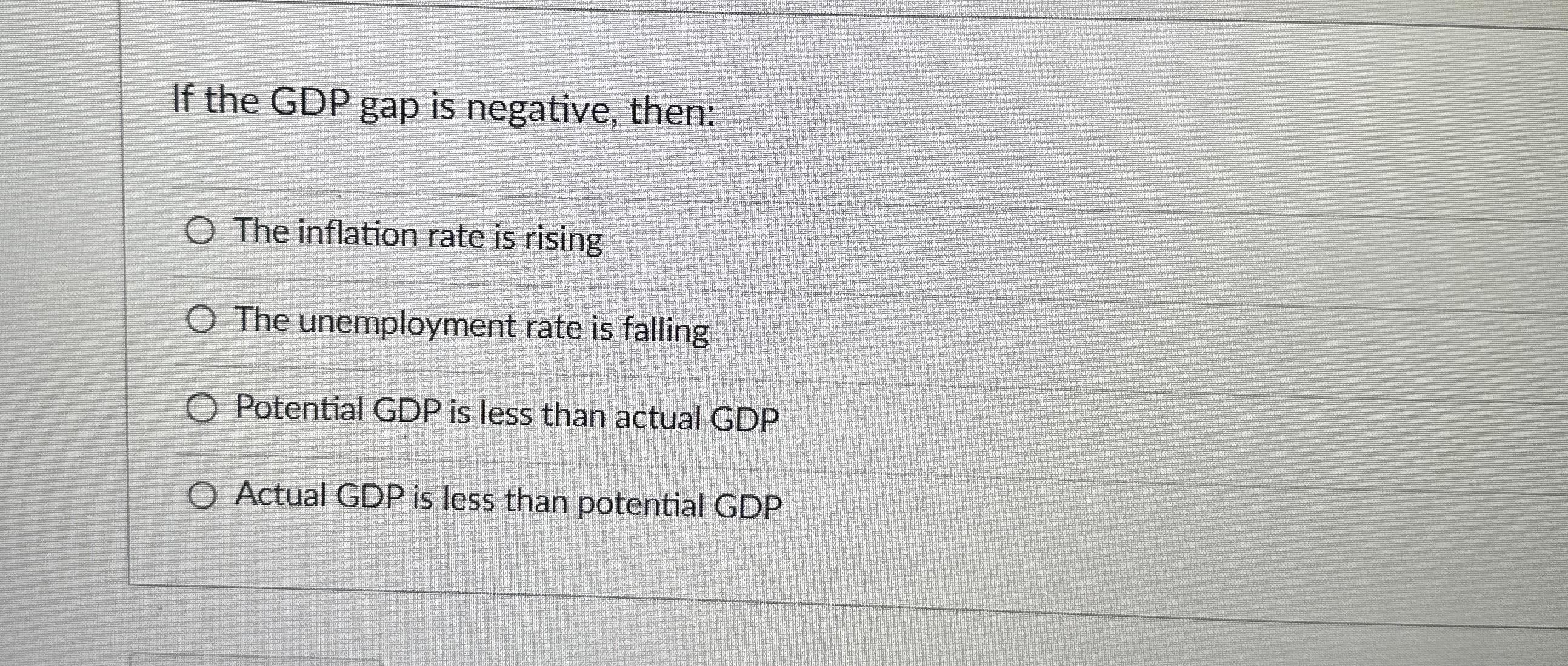 Solved If the GDP gap is negative, then:The inflation rate | Chegg.com