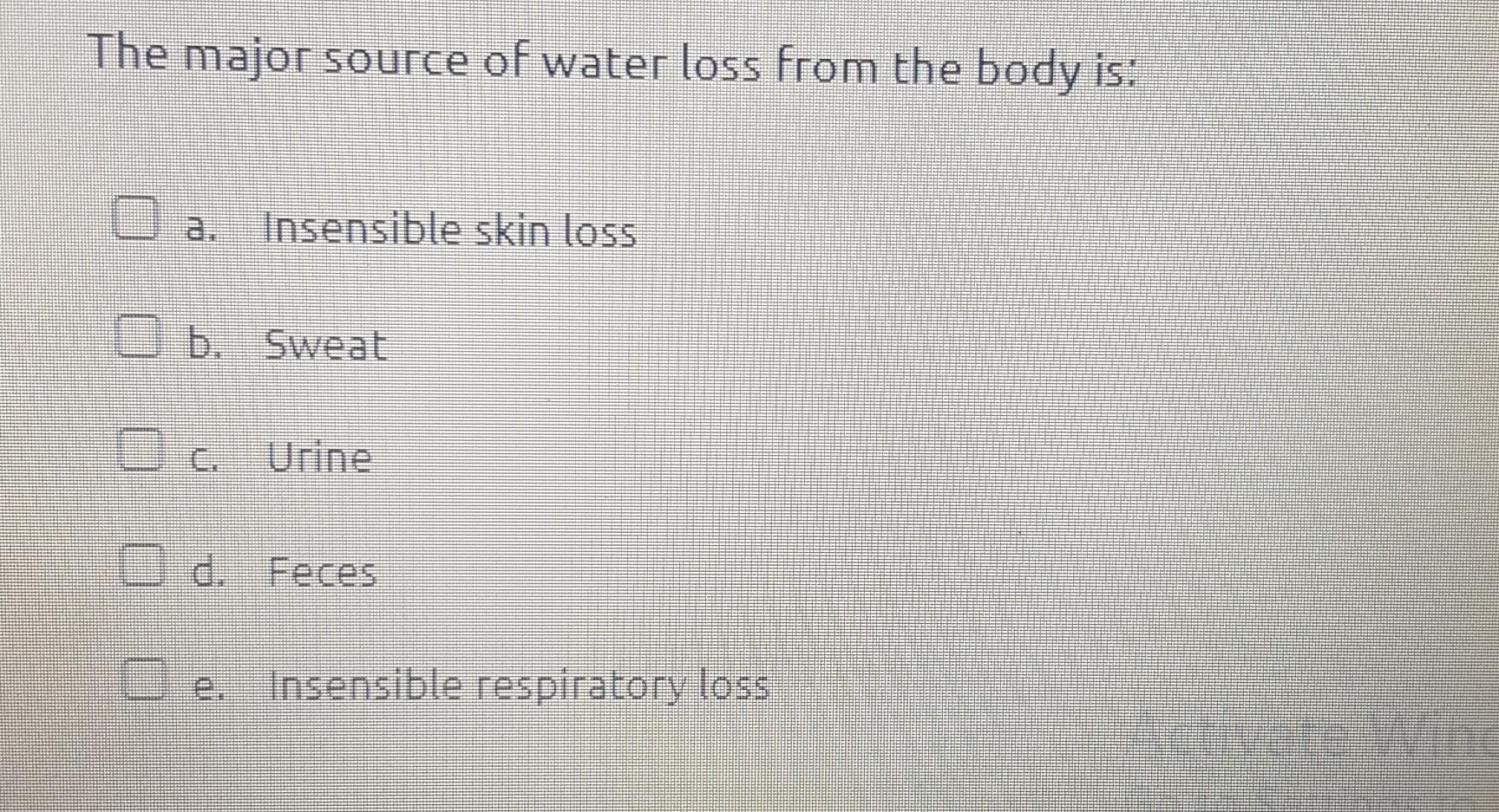 Solved The major source of water loss from the body is:a. | Chegg.com
